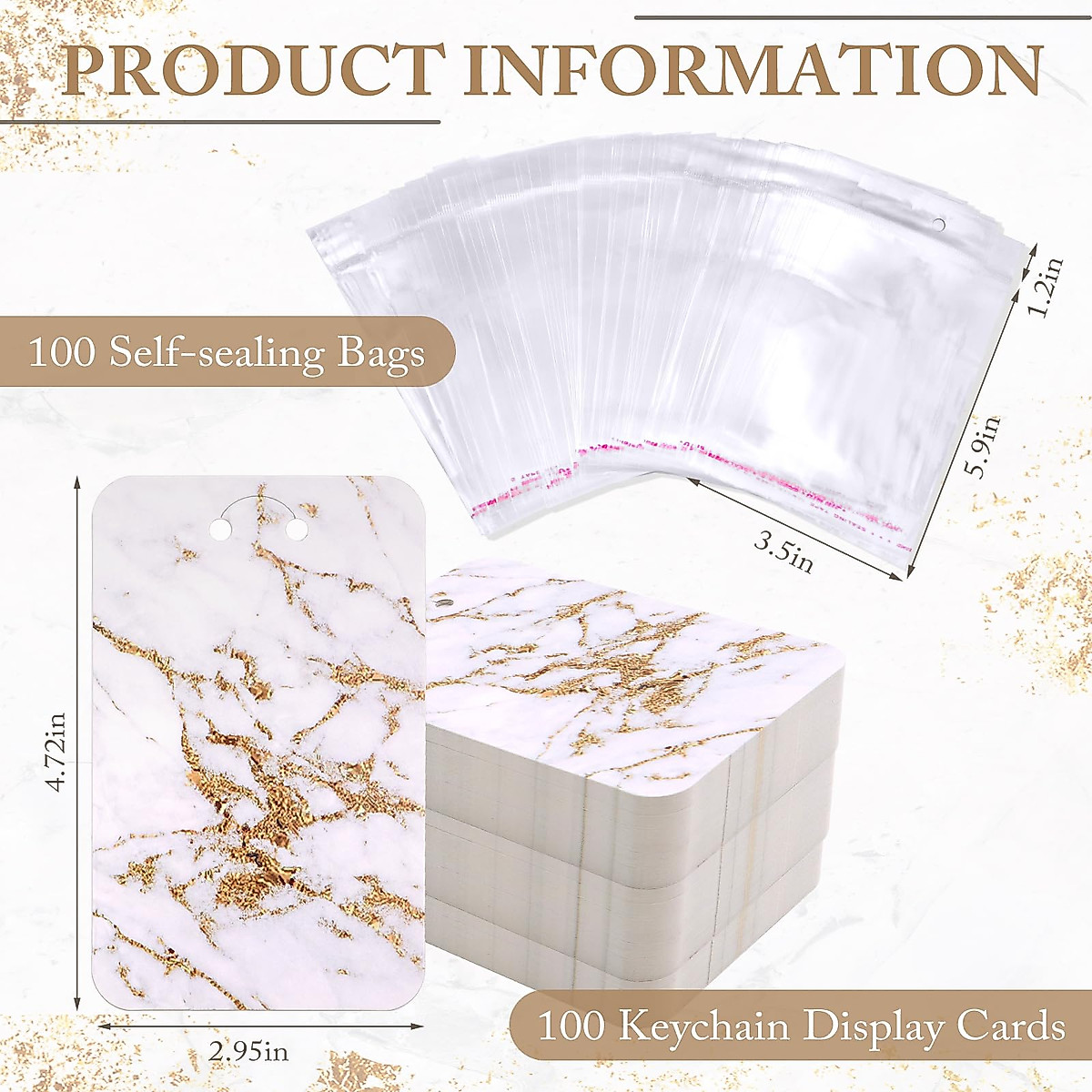 ZYNERY 100 PCS Keychain Display Cards with Self-Sealing Bags, 3 x 4.7 Inch Keychain Holder, Keychain Packaging Supplies for Displaying Keychains Jewelry (Marble White)