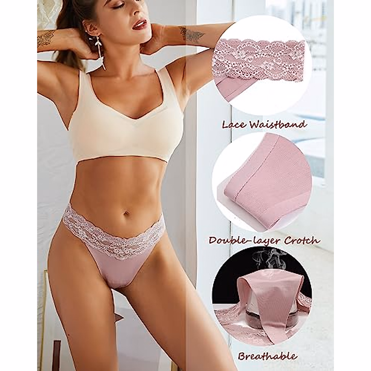 ALL OF ME Seamless Thongs Underwear Women Sexy Panties V-shape Lace Waistband T-back Tangas for Ladies 6 Pack S-XL