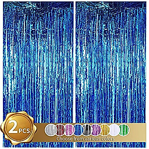 BEISHIDA 2 Pack Foil Fringe Curtain,Blue Tinsel Metallic Curtains Photo Backdrop Streamer Curtain for Wedding Engagement Bridal Shower Birthday Bachelorette Party Stage Decor(3.28 ft x 6.56 ft)