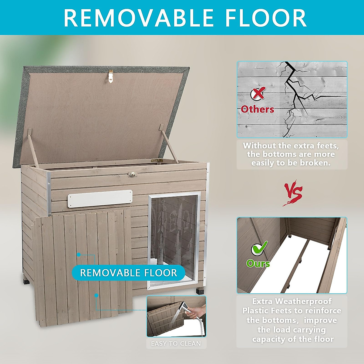 Gowoodhut Dog House Outdoor & Indoor Wooden Dog Kennel for Medium to Large Dogs,43.6" L Natural Fir Wood Dog Houses with Weatherproof Roof,Removable Floors,Raised Feet