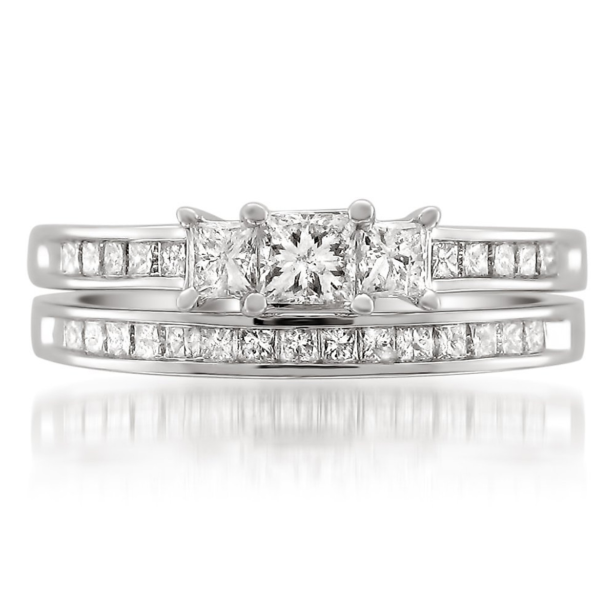 Beyond Brilliance 1.50 Carat Diamond, Prong Set 14K White Gold Princess Cut Diamond 3 Stone Wedding Bridal Ring Set for Women (I-J, I1-I2) Natural Diamond Fine Jewelry Gift Box Included