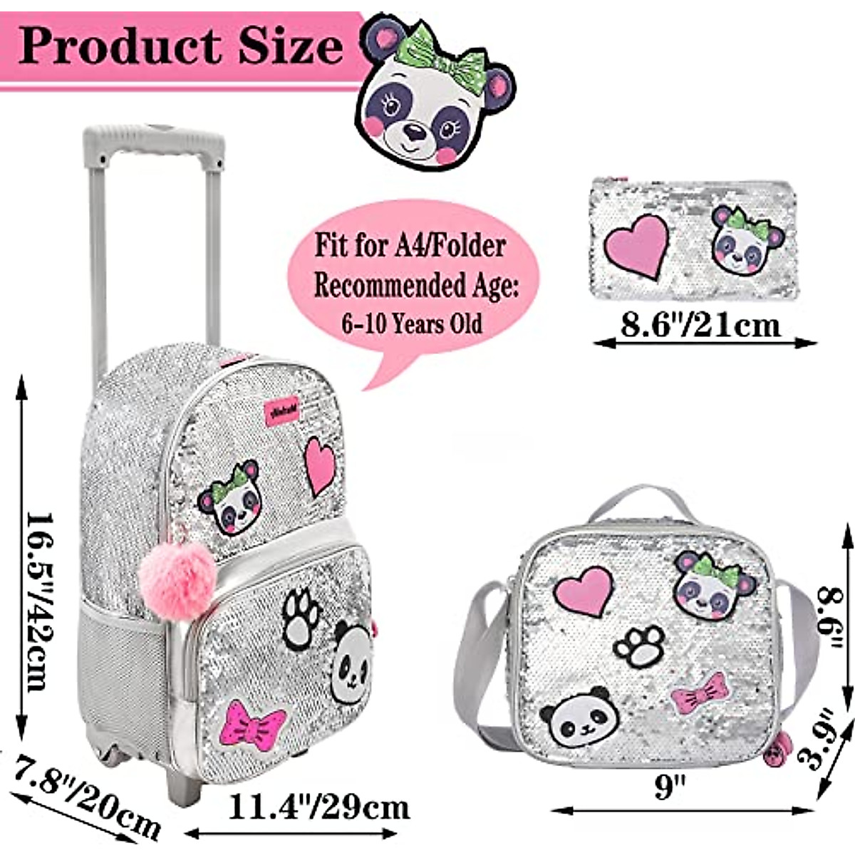 Meetbelify Girls Rolling Backpack Sequin Rolling Backpacks with Wheels for Girls for Elementary Preschool Cute Panda Roller Luggage with Lunch Box for 6-12 Girls