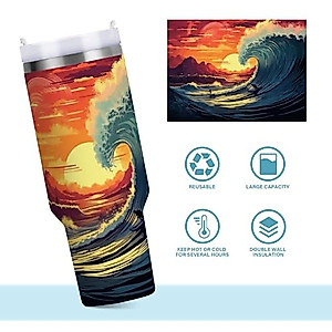 Jihqo Beach Surfer Riding Waves 40 oz Stainless Steel Vacuum Insulated Tumbler with Handle and Straw Lid, Leakproof Water Bottle Double Wall Travel Mug Coffee Cup, Cupholder Friendly