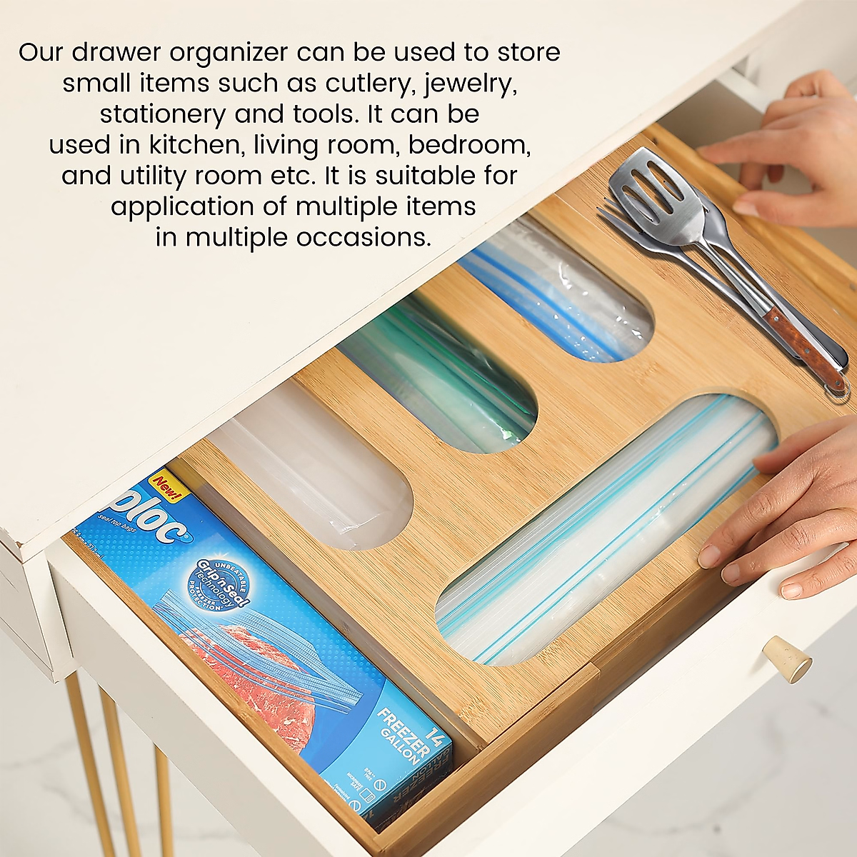 IK Innovations Bamboo Ziplock Bag Organizer for Drawer 7-In-1 Expandable Foil and Plastic Wrap Organizer 12” With Baggie Holder | Ziplock Bag Storage Organizer for Gallon Quart Sandwich Snack Bags