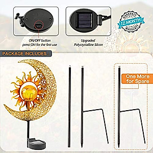 LICKLIP Garden Solar Lights Outdoor Decorative, Sun & Moon Crackle Glass Globe Metal Stake Light, Waterproof Warm White LED Light, Decorations for Pathway Lawn Patio Courtyard Backyard (1 Pack)