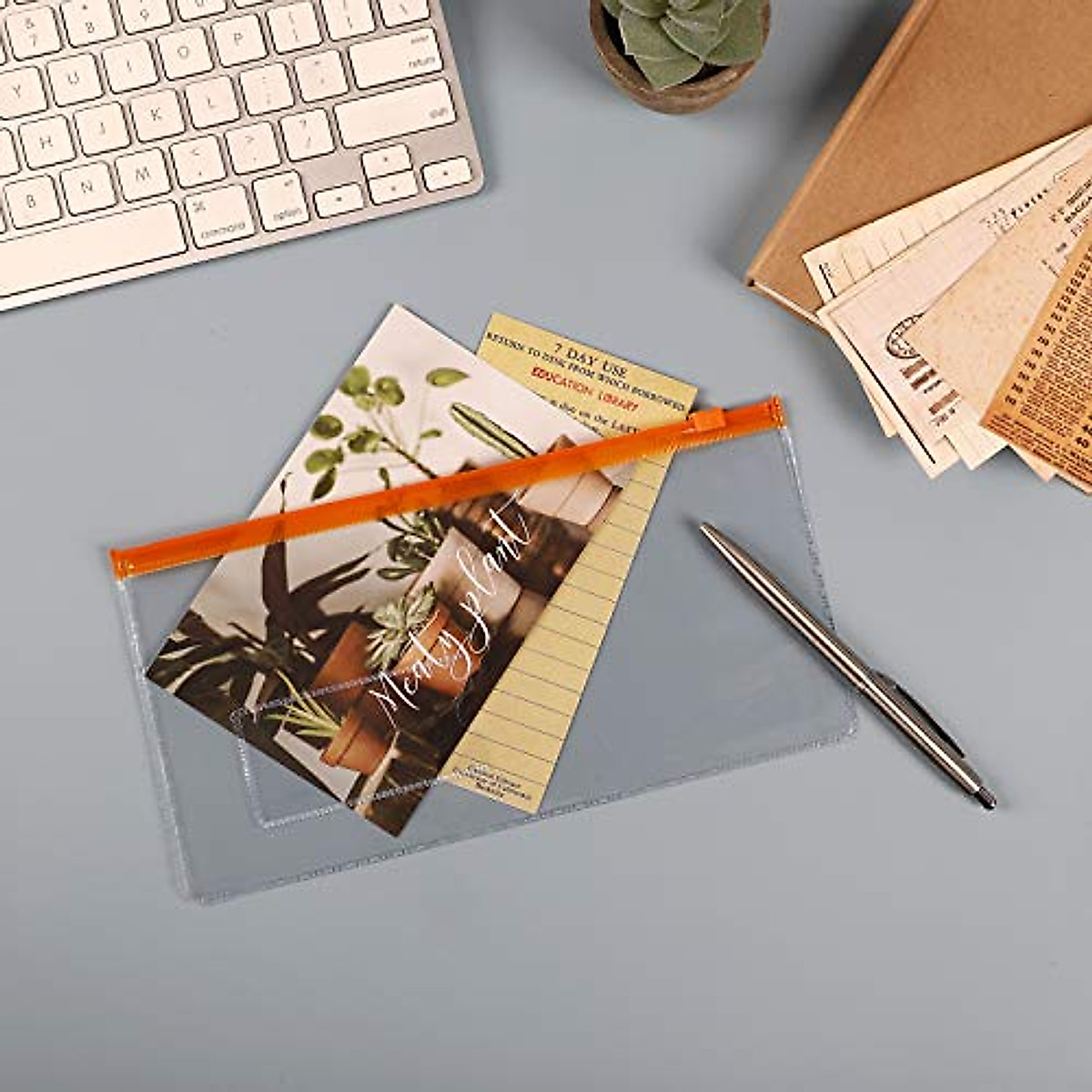 LABUK 25pcs Poly Zip Envelope, 9 x 4.7 Inches, Clear Pencil Pouch with Label Plastic Reusable Envelopes with Zipper, A6 Pencil Bags for Cash Money School Office Supplies, Muti-Color