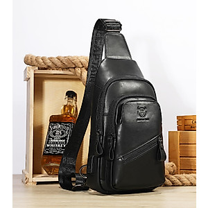 BULLCAPTAIN Mens Leather Sling Bag Backpack Casual Outdoor Shoulder Crossbody Chest Bag with USB Charging Port (Black)