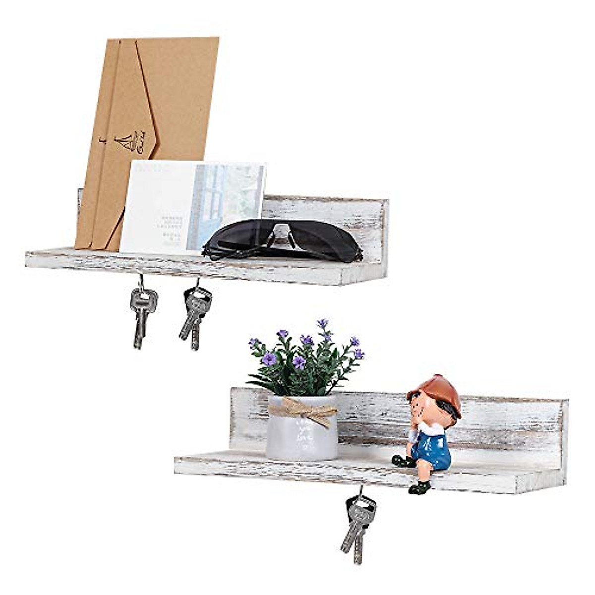 Sunexinlo Wooden Key Holder Hanger, Set of 2 Mail Holder with Key Hooks, Hanging Key and Coat Holder for Wall Decorative with Shelf(Rustic Whitewashed)