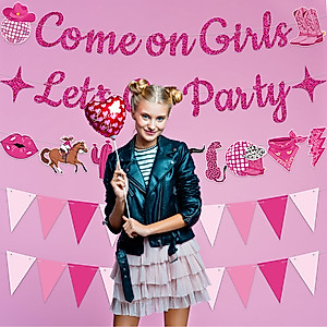 5 PCS Let’s Go Party Banner Hot Pink Party Decorations Cowgirl Pennant Flag Come on Girls Banner Princess Themed Hanging Decor for Birthday Princess Wedding Bridal Shower Party Supplies