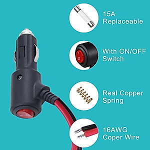12V Cigarette Lighter Plug with On Off Switch - 6FT 16AWG Fused 15amp Male Plug Cigarette Lighter Replacement with Led Lights,12V Cigarette Lighter with Lead for Car Cooler,Cb Radio, Air Compressor