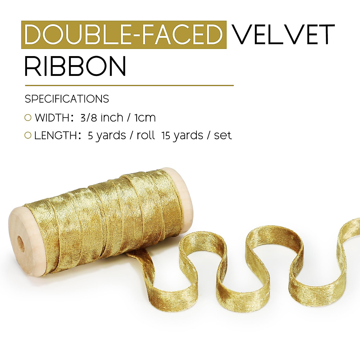 Keypan Gold Velvet Ribbon Double-Sided Handmade Glossy Fabric Trim Wooden Spool Thin Ribbon for Christmas Tree Gift Wrapping Crafts Wedding Flower Bouquet 3/8 inch x 5YD 3 Rolls