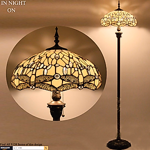 WERFACTORY Tiffany Floor Lamp Dragonfly Cream Stained Glass Standing Reading Light 16X16X64 Inches Antique Pole Corner Lamp Decor Bedroom Living Room Home Office S139 Series