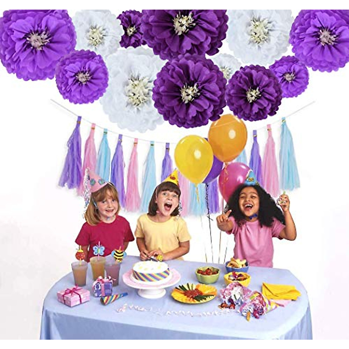 BEISHIDA Lavender Purple White Hanging Tissue Paper Flowers Paper Chrysanth Flowers DIY Crafting for Halloween Wedding Birthday Baby Shower Backdrop Nursery Wall Party Decoration（12 Packs）