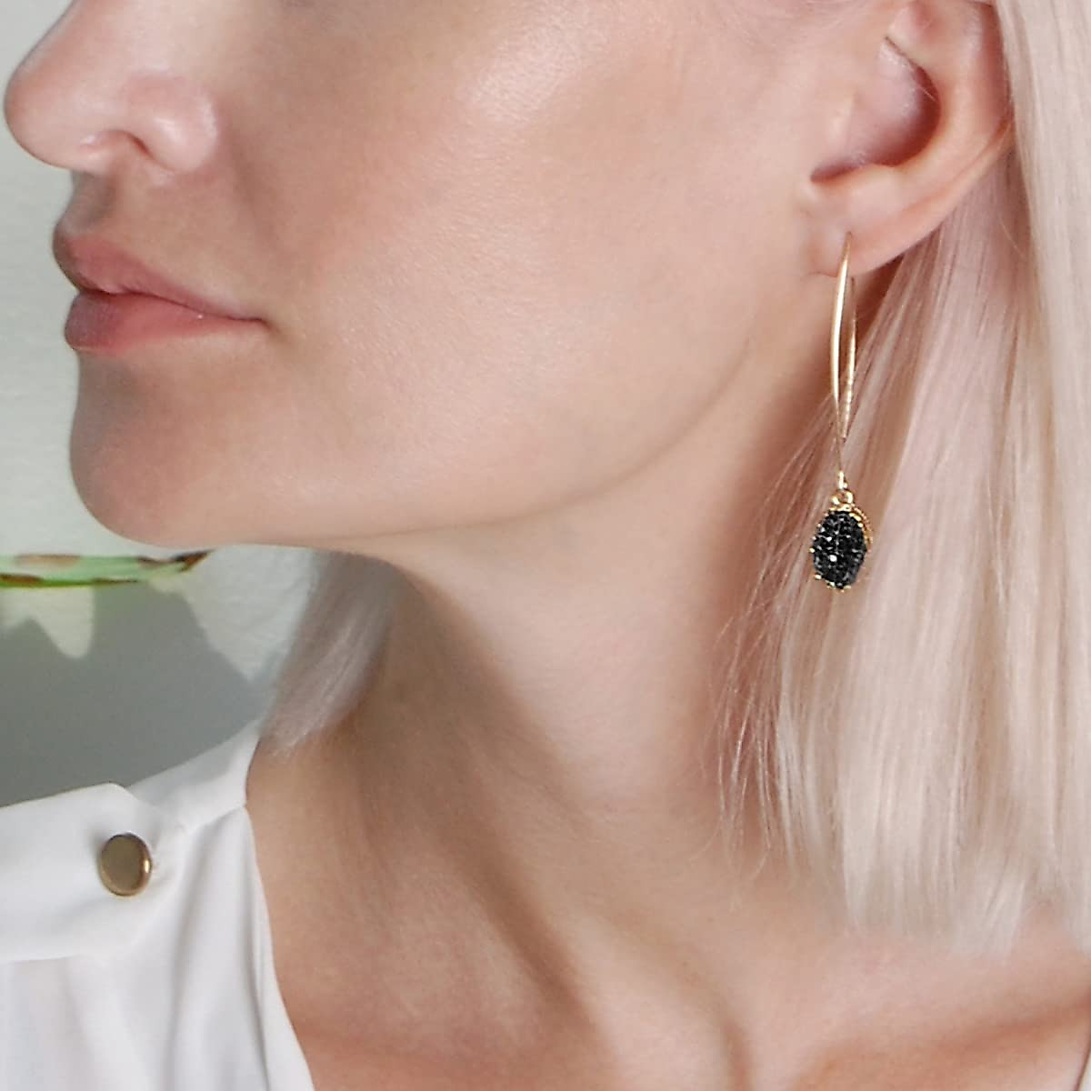 Black and Gold Earrings for Women - Black Dangle Earrings for Women, Long Black Earrings for Women Dangling, Boho Black Drop Earrings for Women, Simulated Druzy Gold Tone Black Statement Earrings