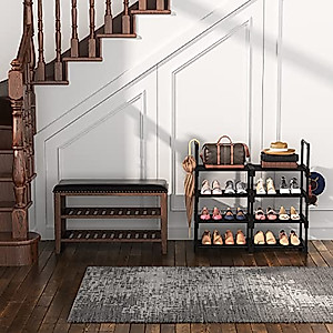 ROJASOP Shoe Rack Storage Organizer for Closet Entryway,16 Pairs 4-Tier Stackable Shoe Shelf for Hallway Bedroom Garage Dorm with Side Hooks Black Free standing Space Saving Shoe Tower