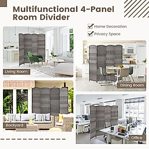 Giantex Room Divider 4 Panel, 6FT Tall Folding Privacy Screen with Solid Wood Frame, Hand-Woven Texture, Fully Assembly, Freestanding Wall Partition Room Dividers for Bedroom Office Patio