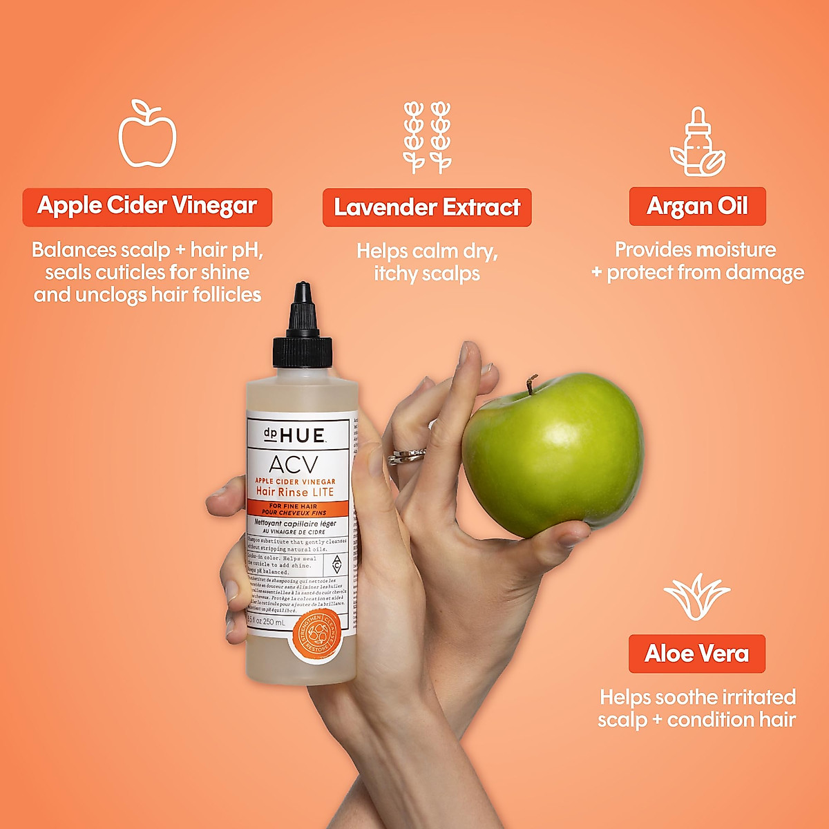 dpHUE Apple Cider Vinegar Hair Rinse Lite, 8.5 oz - Shampoo Alternative, Scalp Cleanser & Post Workout Rinse - Won’t Weigh Fine Hair Down - Removes Buildup & Sweat