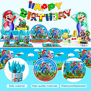 Mario Birthday Party Supplies,123pcs Mario Birthday Party Decorations&Tableware, Super Mario Balloons Banner&Mario Party Plates and Napkins Tablecloth etc Super Mario Party Supplies for Boys