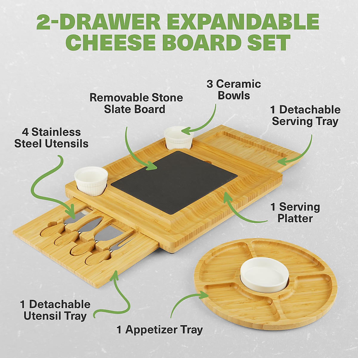 Charcuterie Board Gift Set, Expandable Bamboo Cheese Board with Stainless Steel Serving Utensils, Ceramic Bowls, Appetizer and Serving Trays, Utensil Trays - Housewarming 2 Drawers