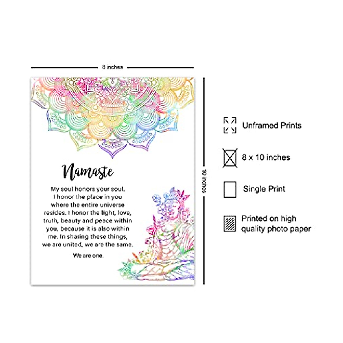 Buddhist Buddhism Art - Zen Namaste Wall Decor - 8x10 Poster Print for Yoga Room, Spa Decoration - Spiritual New Age Meditation Gift for Women - Buddha Statue, Mandala, Lotus Flower - Unframed