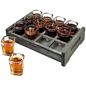MyGift 12 Shot Glass Set Party Server with Vintage Gray Wood Tray, Shot Glasses for Tequila Whiskey Vodka Spirit Liquor