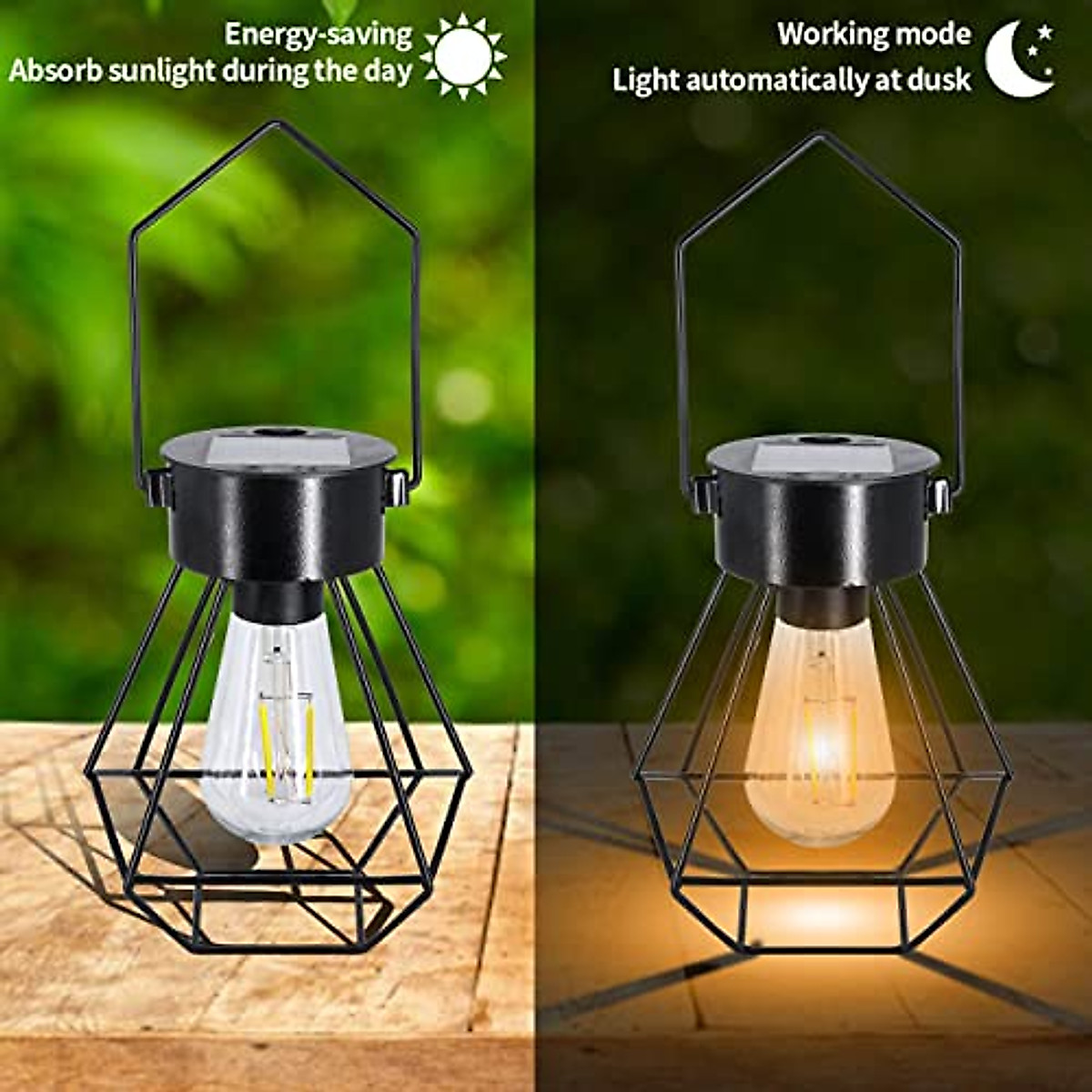 Hanging Solar Lanterns Outdoor Decor - 2 Pack Solar Decorative Table Lights with Edison Bulbs for Patio Waterproof (Black)