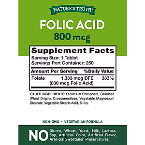 Nature's Truth Folic Acid | 800 mcg | 250 Tablets | Vegetarian, Non-GMO & Gluten Free Supplement