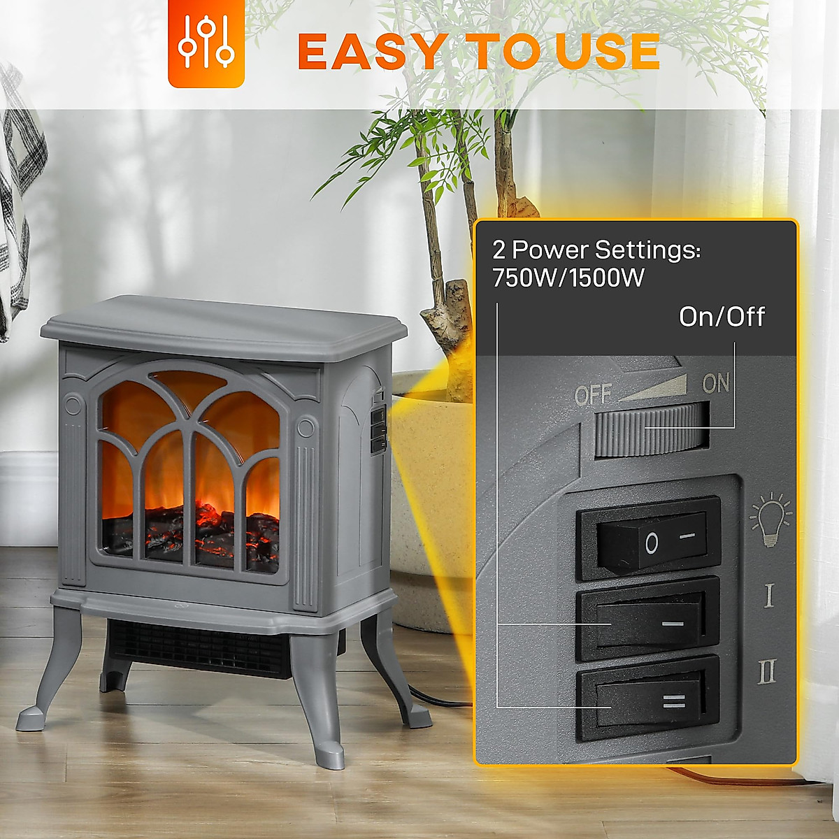 HOMCOM 17" Freestanding Electric Fireplace Stove, Fire Place Heater with Realistic Logs and Flame Effect and Overheat Protection, 750W/1500W, Gray