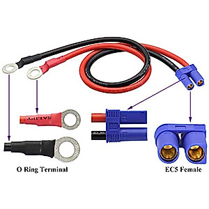 AAOTOKK EC5 to O Ring Terminal Cable,EC5 Female to O Ring Eyelet Terminal Plug Connector Cable 10AWG RC ESC Charger Side Power(40cm/15inch)
