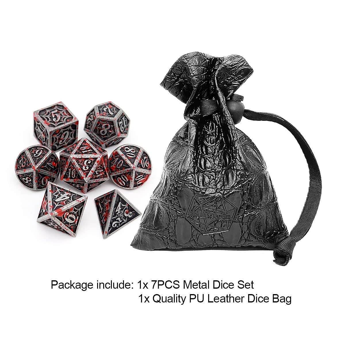 Haxtec Blood Splatter Metal DND Dice Set W/Gift Leather Dice Bag Bloodstained D&D Dice Spider Web Pattern Polyhedral Dice for Dungeons and Dragons TTRPG Games