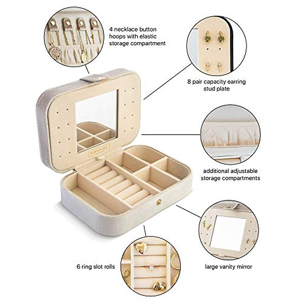 Plush Velvet Travel Jewelry Box Organizer | Travel Jewelry Organizer, Travel Jewelry Case | Small Jewelry Box for Women, Jewelry Travel Case | Earring Organizer Box with Mirror - Ivory