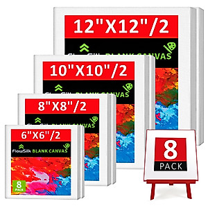 Blank Canvase Boards for Painting, 6x6", 8x8", 10x10" 12x12", 8 Pack 100% Cotton Stretcher Academy Acrylic Oil Painting, Canvases for Kids & Artist