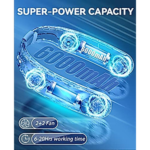 Neck Fan, 6000mAh 4 Turbo Portable Bladeless Personal Fans Rechargeable Battery, 3+3 Speeds Hands Free Hanging 360° Cooling Fans Free Adjustment Width, Wearable Leafless for Travel InOutdoor