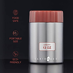 Earthmade Stainless Steel Insulated Food Container,13 oz Food Thermos for Hot Soup & Cold Fruit, Ceramic Interior, Silicone spoon Eco-Friendly
