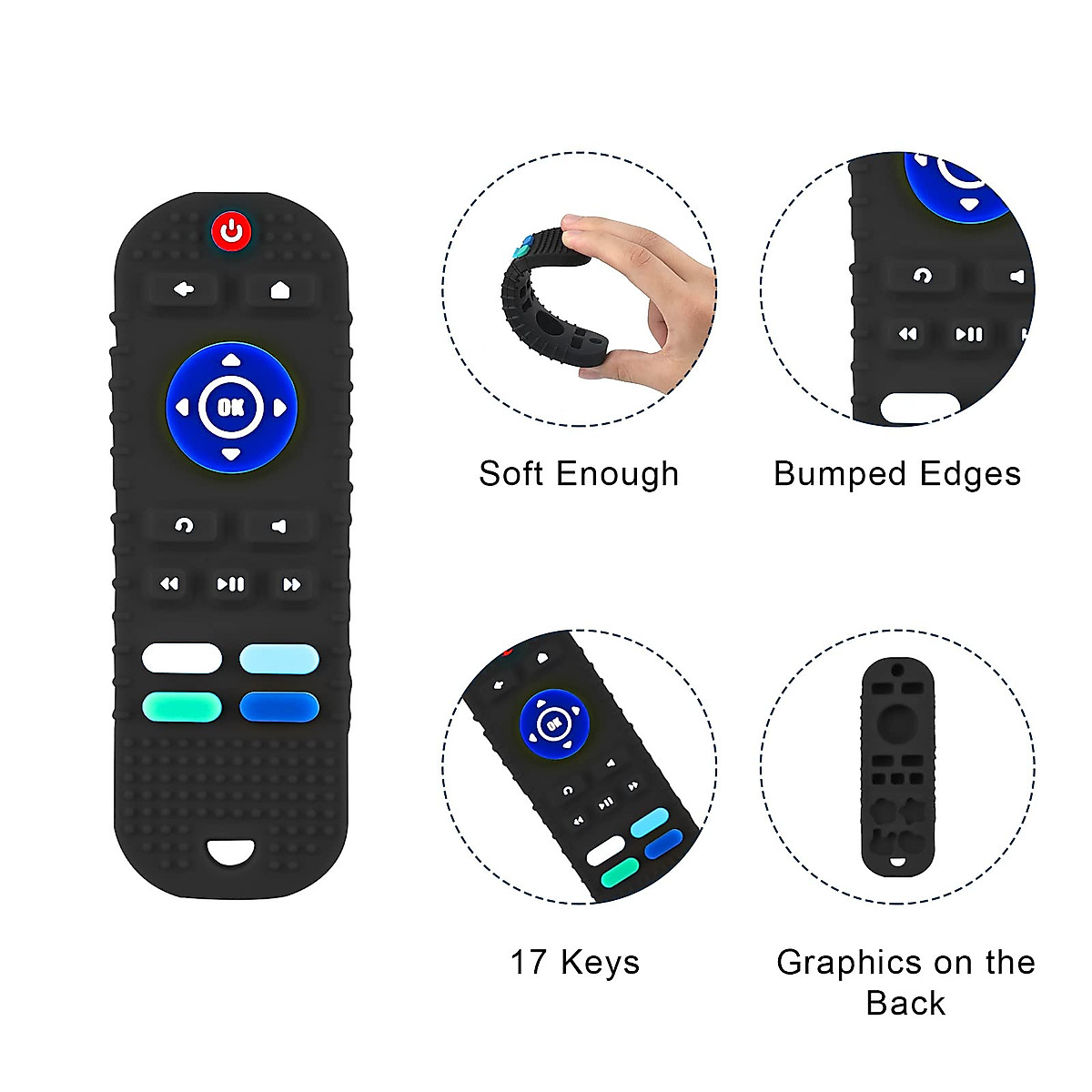 Silicone Baby Teething Toy Remote Control Shaped Baby Teether with a Cute Pacifier Clip Chain Soft Baby Chew Toys Early Sensory Education Molar Toy for Babies 3-18 Months (Black)