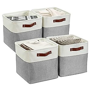 DECOMOMO Cube Storage Organizer Bins 11 inch Cube Storage Bin 4 Pack Cubby Storage Bins Storage Baskets for Organizing Shelf Closet Nursery Toys Cloth Bathroom (Grey&White)