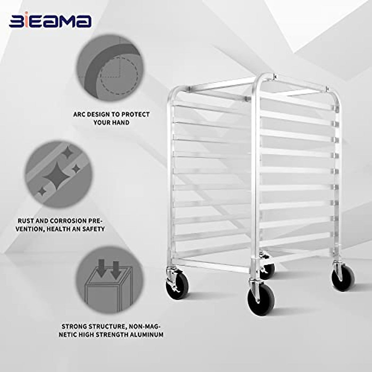 BIEAMA 10-Tier Sheet Pan Rack, Bun Pan Rack, Aluminum Bakery Rack, Home Commercial Kitchen Bakery Cooling Rack, 4 Wheels
