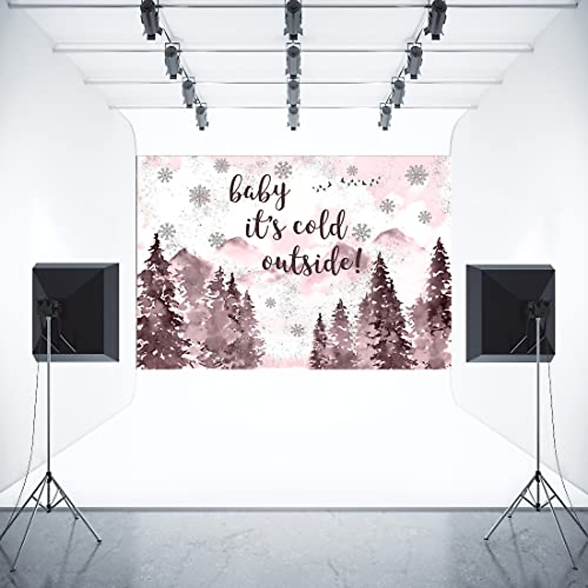 Aperturee Mountain Baby Shower Backdrop 7x5ft Baby It's Cold Outside Girl Party Decorations Banner Snow Forest Snowflake Photography Background Woodland Adventure Gender Neutral Party Supplies