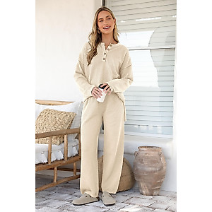 PRETTYGARDEN Women's 2 Piece Tracksuit Outfits 2024 Fall Knit Sweater And Wide Leg Pants Sweatsuit Lounge Sets (Beige,Large)
