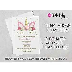 Unicorn Baby Shower Invitations Magical Birthday Party Pink Gold Mystical Glitter Sparkle Custom Printed Cards (12 count)