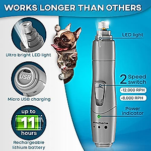 Dog Nail Grinder with LED Light, Rechargeable Dog Nail Grinder for Large Dogs, Medium & Small Dogs, Professional Pet Nail Grinder for Dogs Quiet Soft Puppy Grooming, Cat Nail Grinder, Dog Nail Trimmer