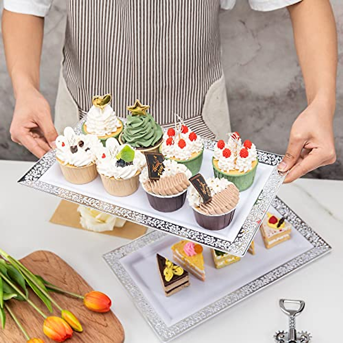 BBG 12Pcs Plastic Silver Serving Trays and Platters Set, 13.77 * 8.46” White with Silver Lace Design, Rectangular Plastic Food Platters, Disposable Serving Tray for Party Weddings Reception Buffet