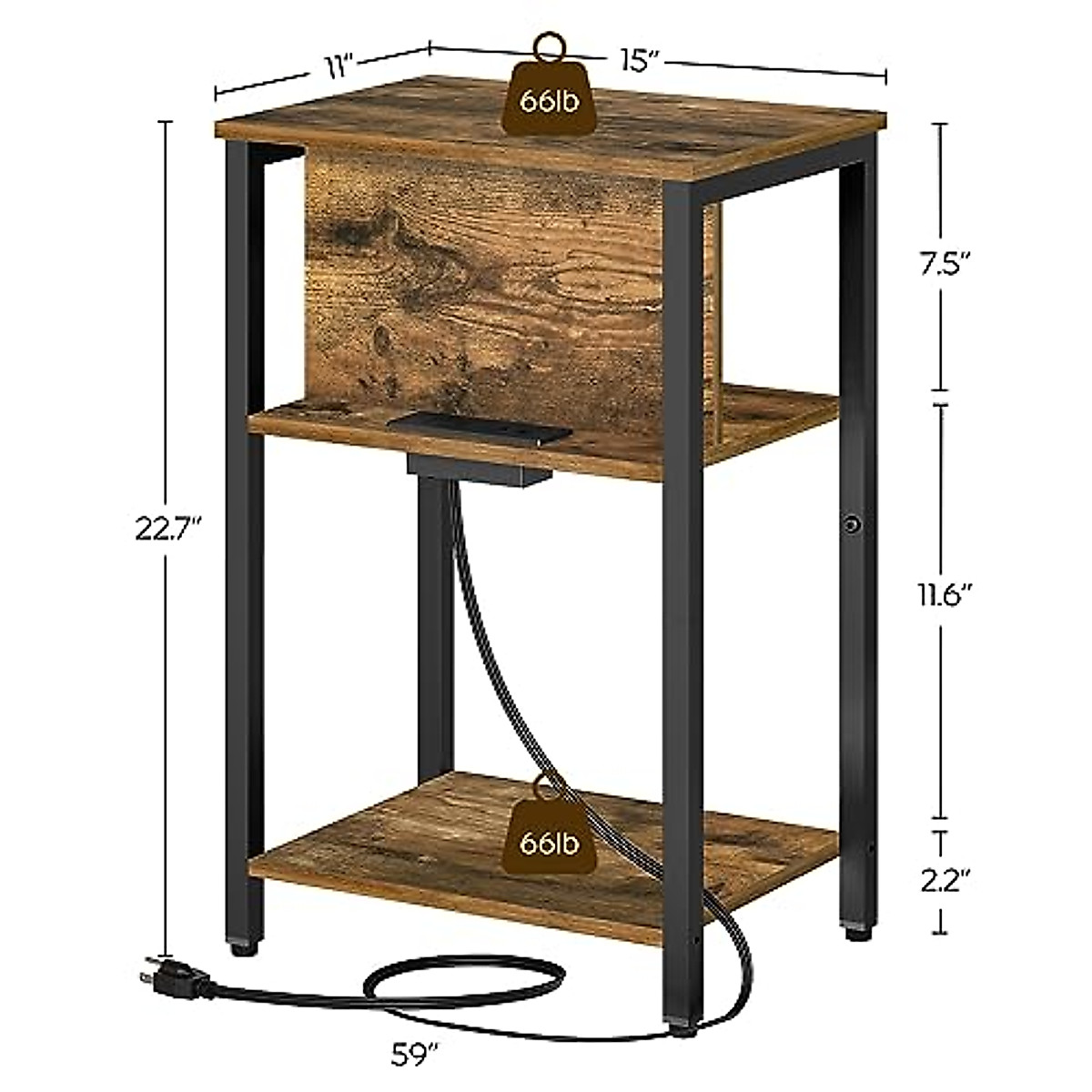 YATINEY Nightstands Set of 2, End Tables with Charging Station and Type C, Side Table with Open Storage Shelf, Bedside Table for Small Spaces, Rustic Brown and Black ET58L2BR