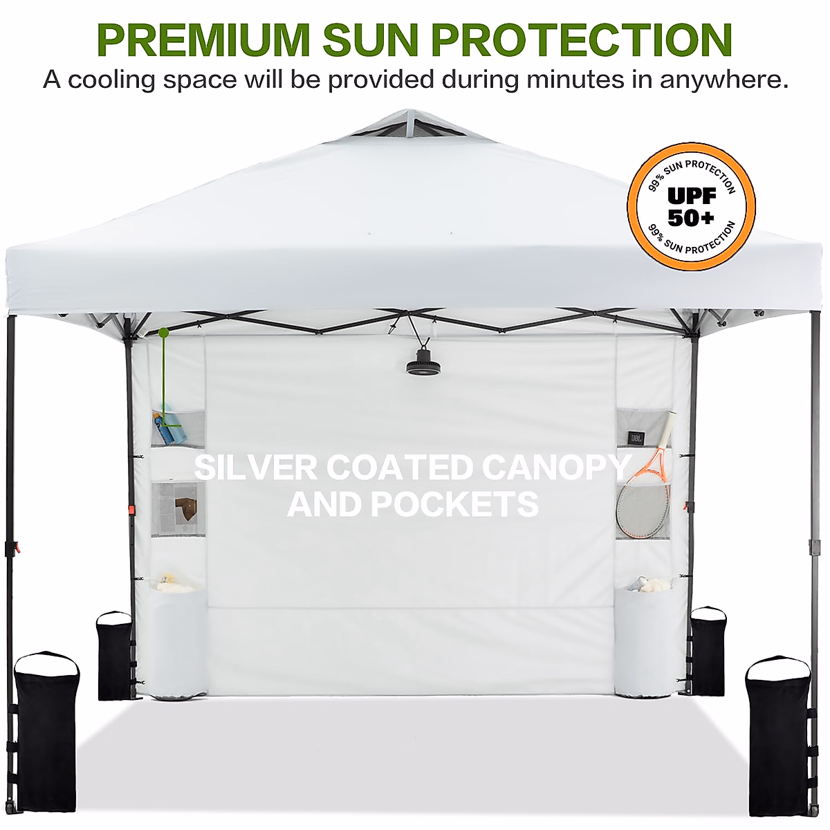 Tunbne 10'x10' Pop Up Canopy Tent with 1 Sidewall and 6 Pockets, One Push Setup, Instant Shade Tent with Vented Roof for Beach Patio Outdoor, Case, 8 Stakes, 4 Ropes, 4 Sandbags (White)