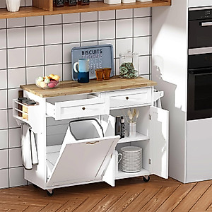 Large Kitchen Island with Drop Leaf,Kitchen Rolling Trash Cabinet Tilt Out 10 Gallon Storage W/2 Drawers,Movable Carts on Wheels with Spice Rack&Towel Rack for Home, Kitchen and Dining Room(White)