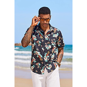 COOFANDY Men's Hawaiian Shirt Short Sleeve Casual Button Down Floral Printed Beach Shirts with Pocket Black