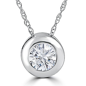14k White, Yellow, or Rose Gold 1/4 Ct T.W. Diamond Round-Cut Bezel Solitaire Pendant Women's Necklace With 18" 14k Gold Chain