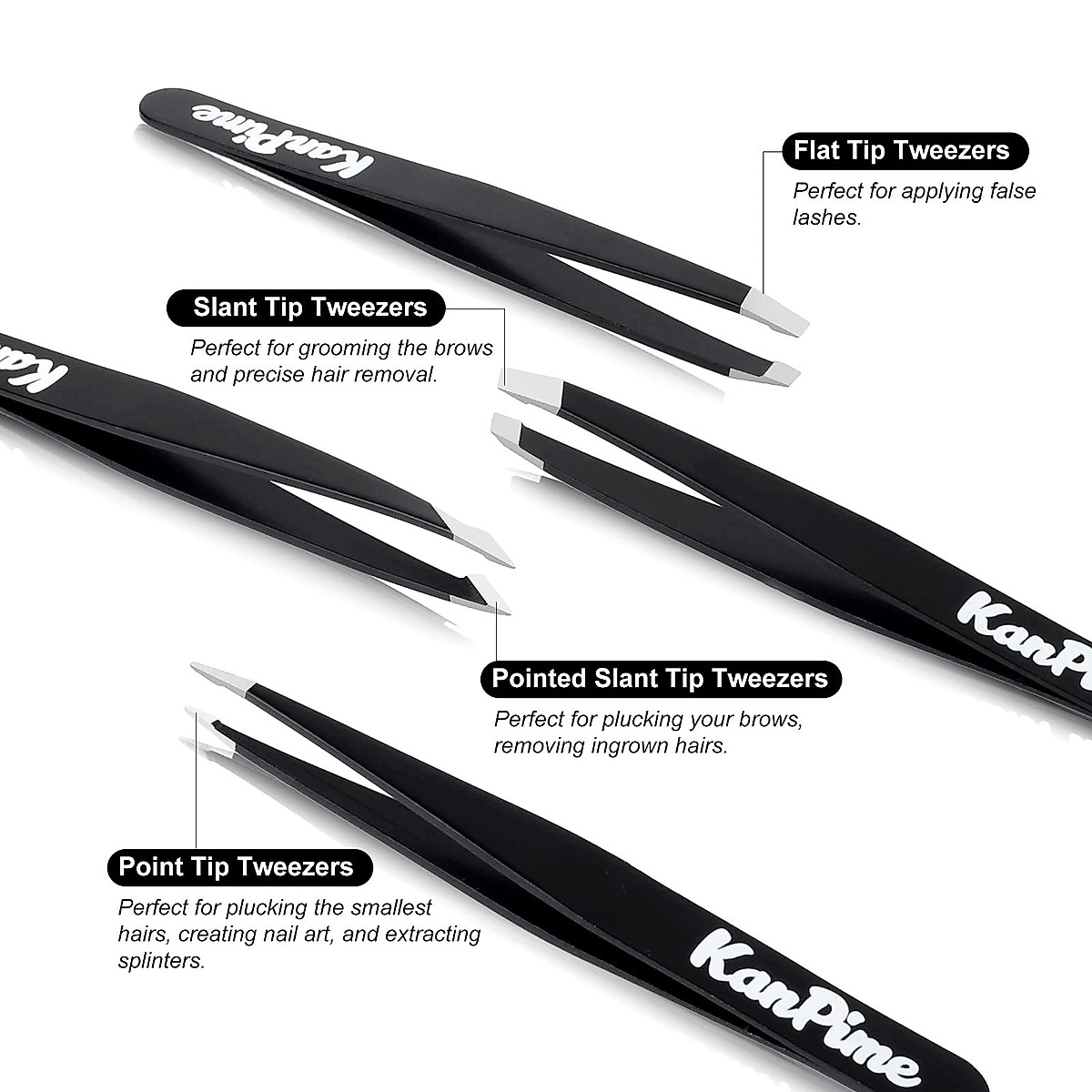 Tweezers Set - KanPime Professional Stainless Steel Tweezers with Storage Case for Eyebrows, Precision Tweezers Kit for Facial Hair, Splinter and Ingrown Hair Removal (Black)