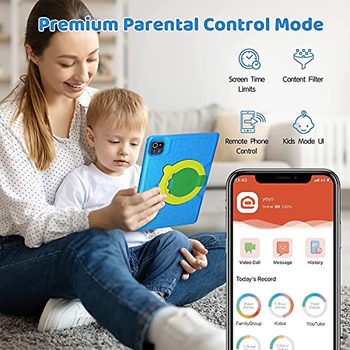 HiGrace Kids Tablet 10 inch, Android 12 Quad core Tablet for Kids (Ages 3-12), 5000mAh, 32GB ROM, Dual Camera, WiFi, Parental Control, Kid-Proof Case-Blue