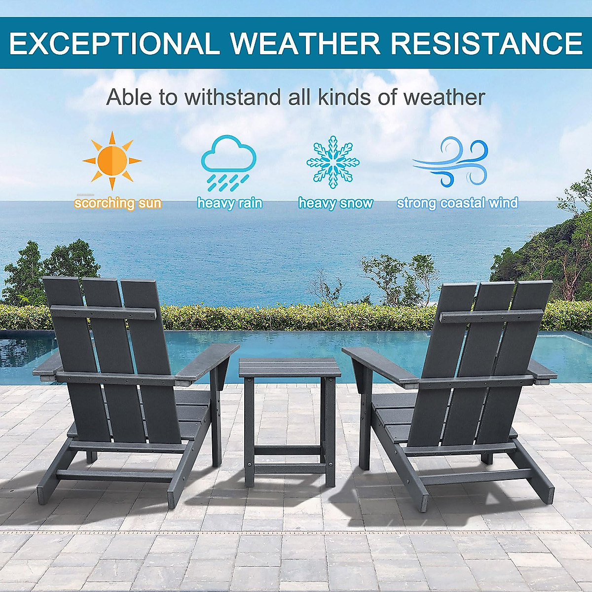 Skypatio Adirondack Chair, All-Weather Patio Fire Pit Chairs High-Density Polyethylene Adirondack Chairs for Porch, Balcony, Garden, Deck, Lawn, Backyard, Grey